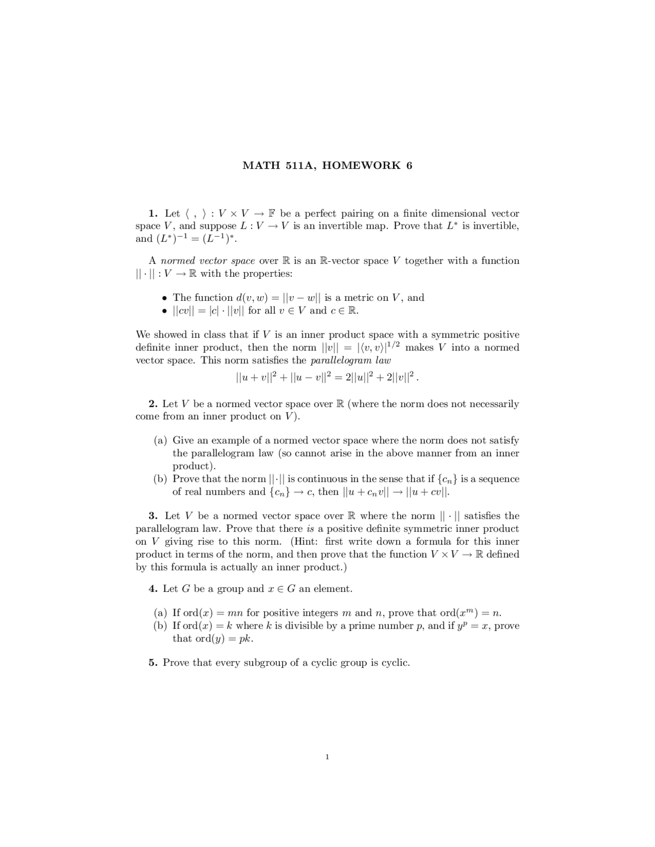 Algebra - Homework 6 Questions Unsolved | MATH 511A | Assignments ...