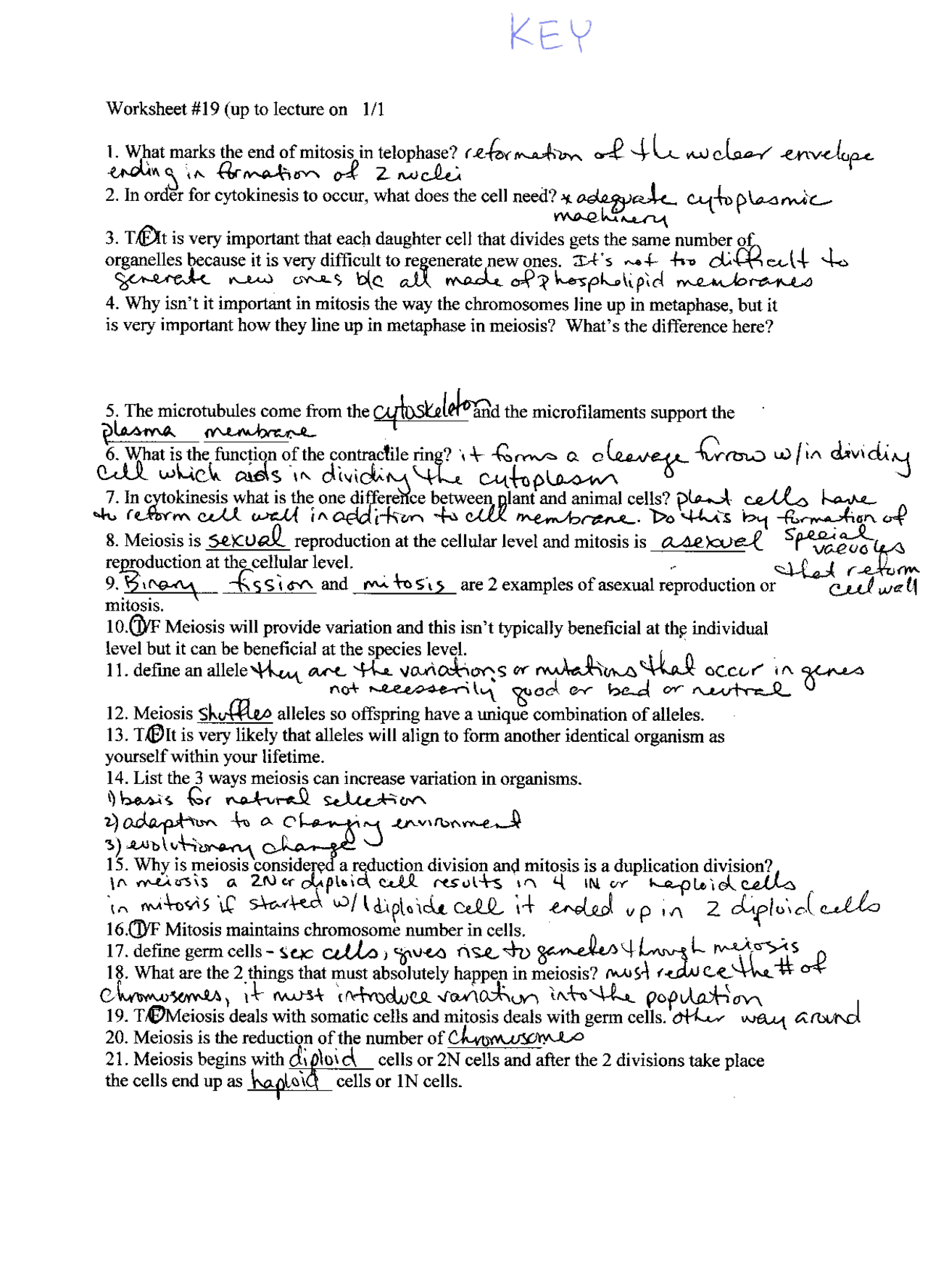 Worksheet With Key For Laboratory Bio 1101 Docsity