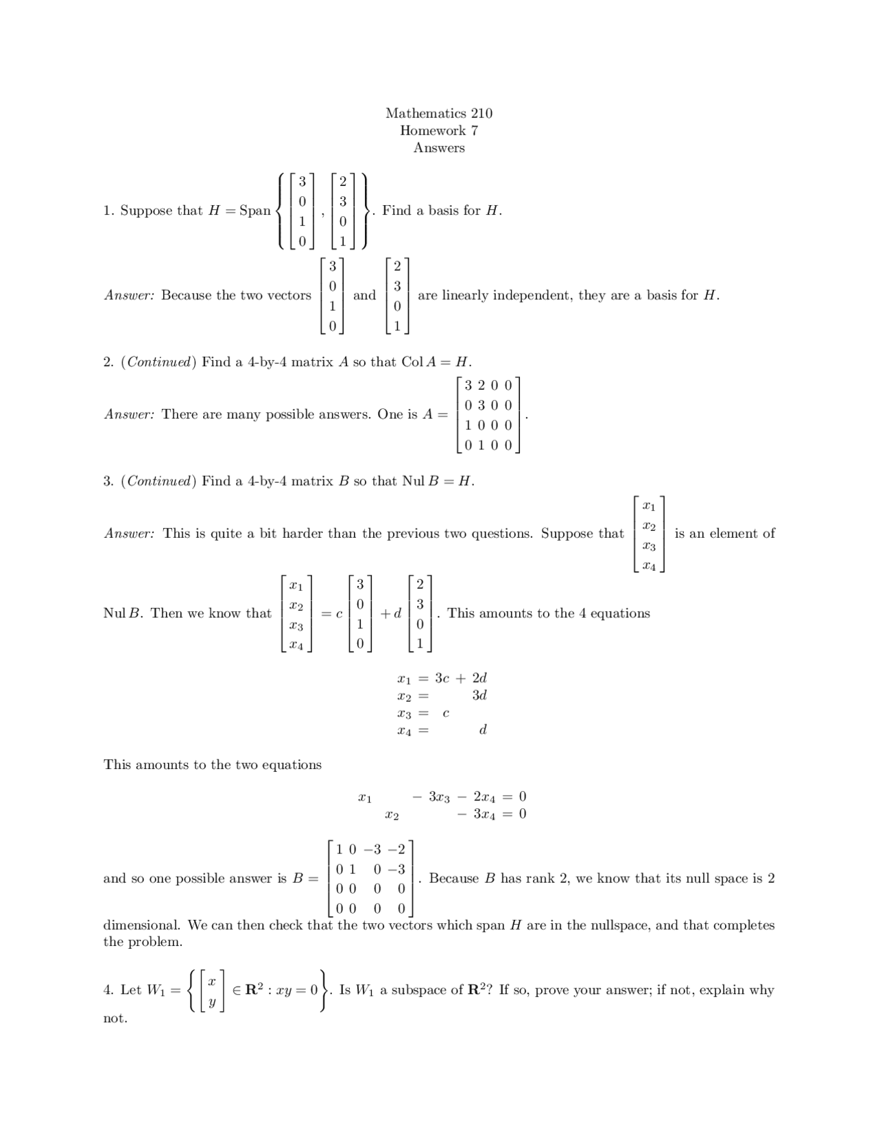 Solutions For Homework Seven Linear Algebra Mt 210 Docsity