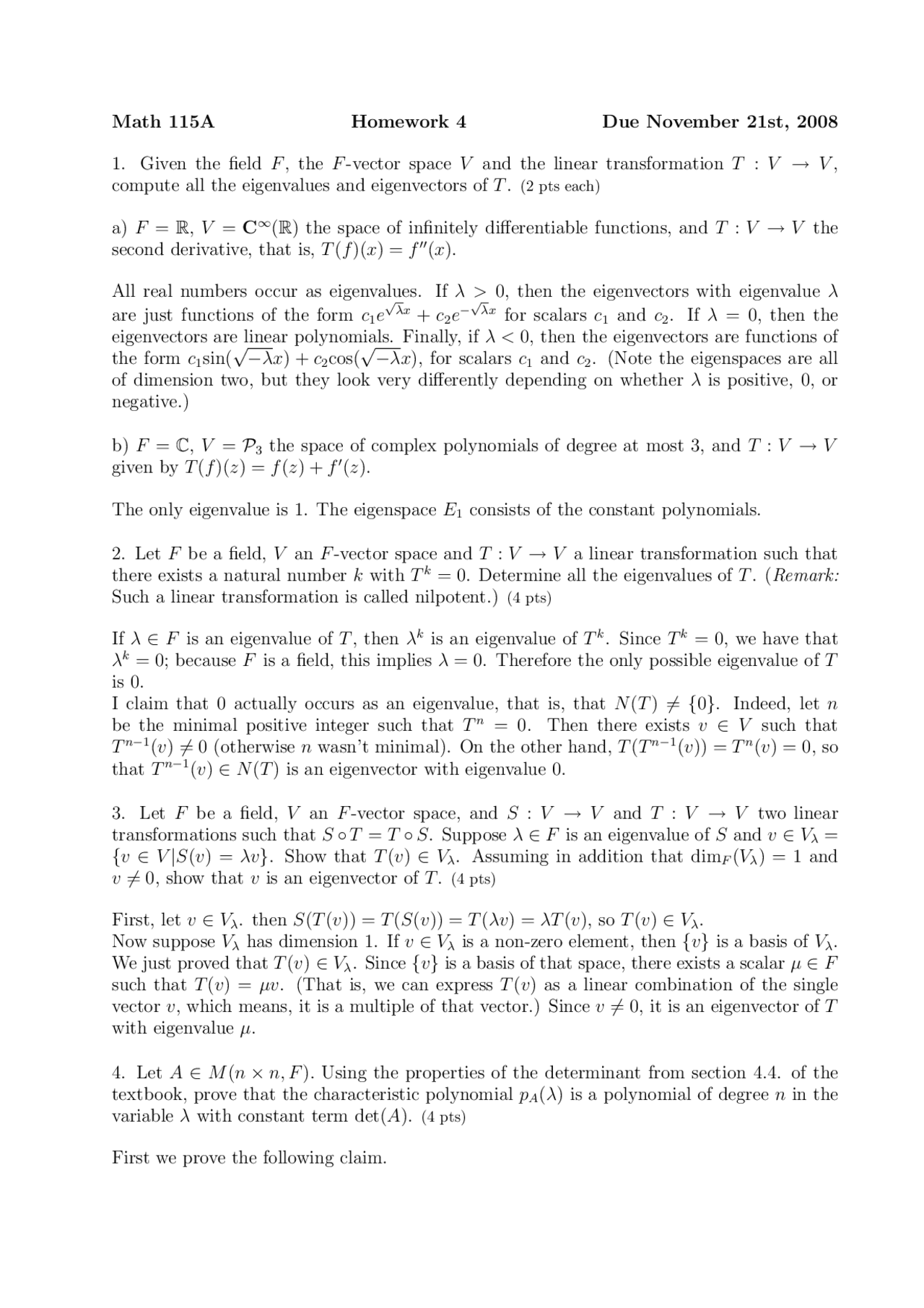 Assignment 4 Solutions Linear Algebra Math 115a Docsity