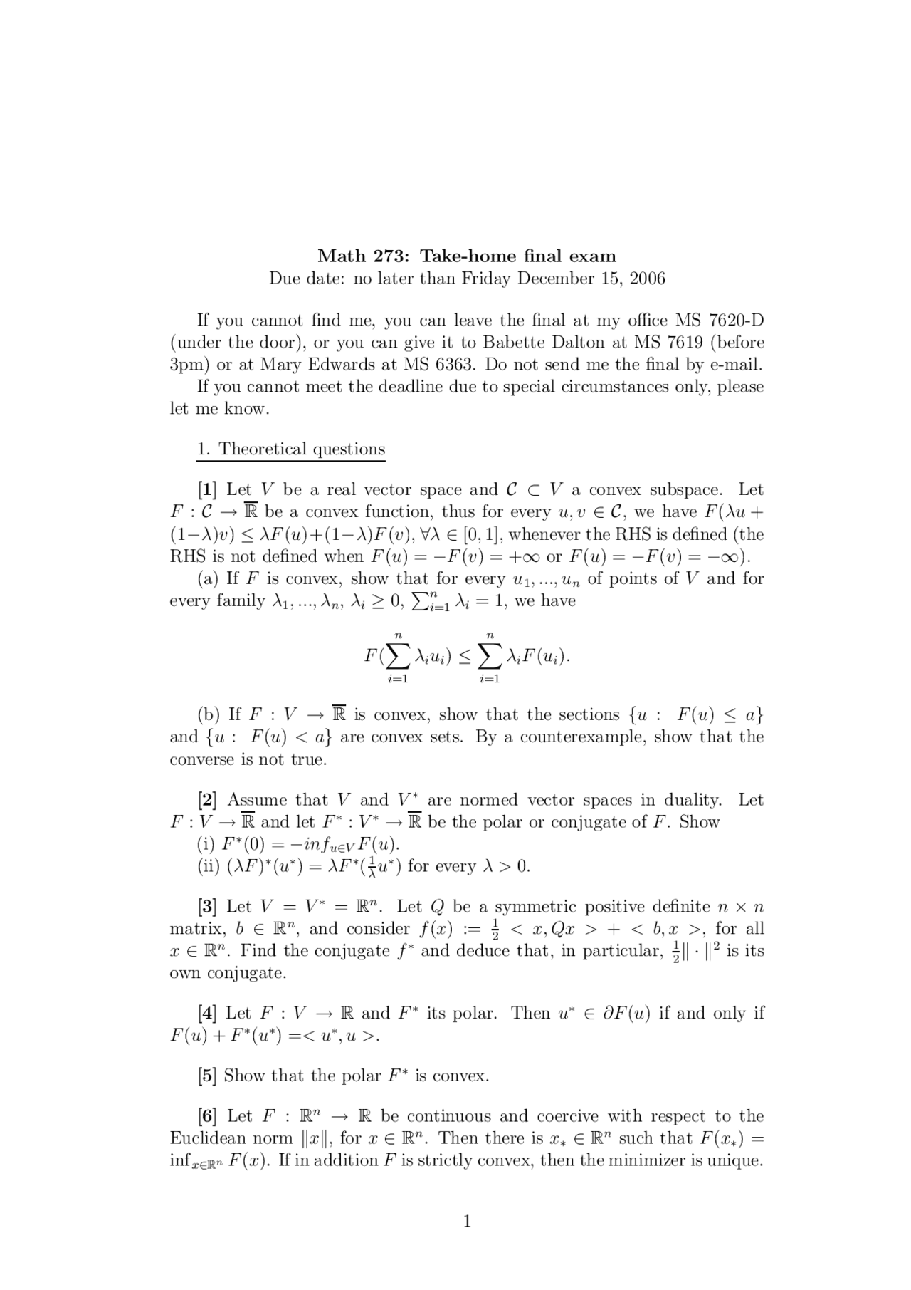 Optimization, Calculus of Variations and Control Theory - Final Exam ...
