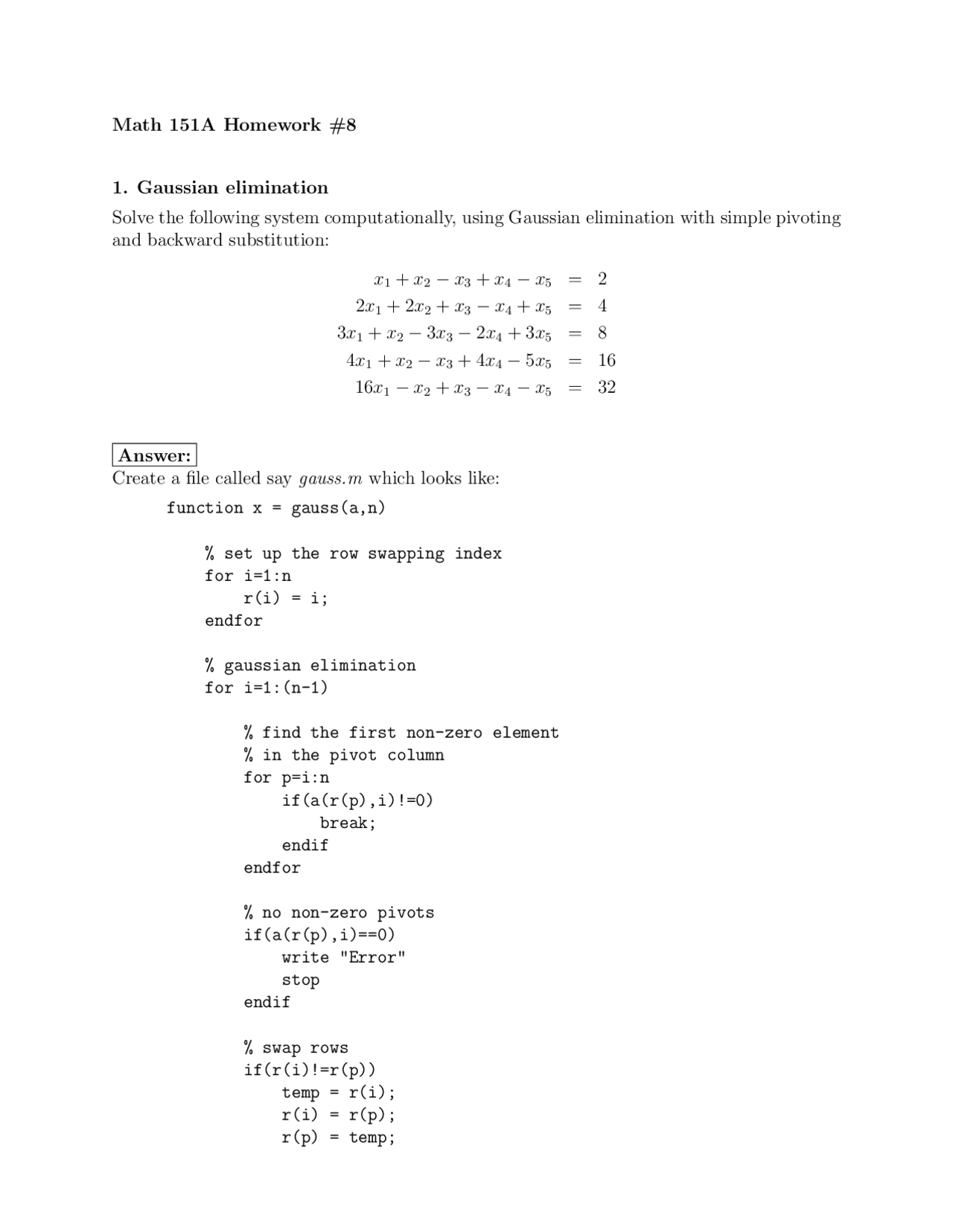 Gaussian Elimination and Gauss-Jordan Elimination - Assignment 8 | MATH 151A - Docsity