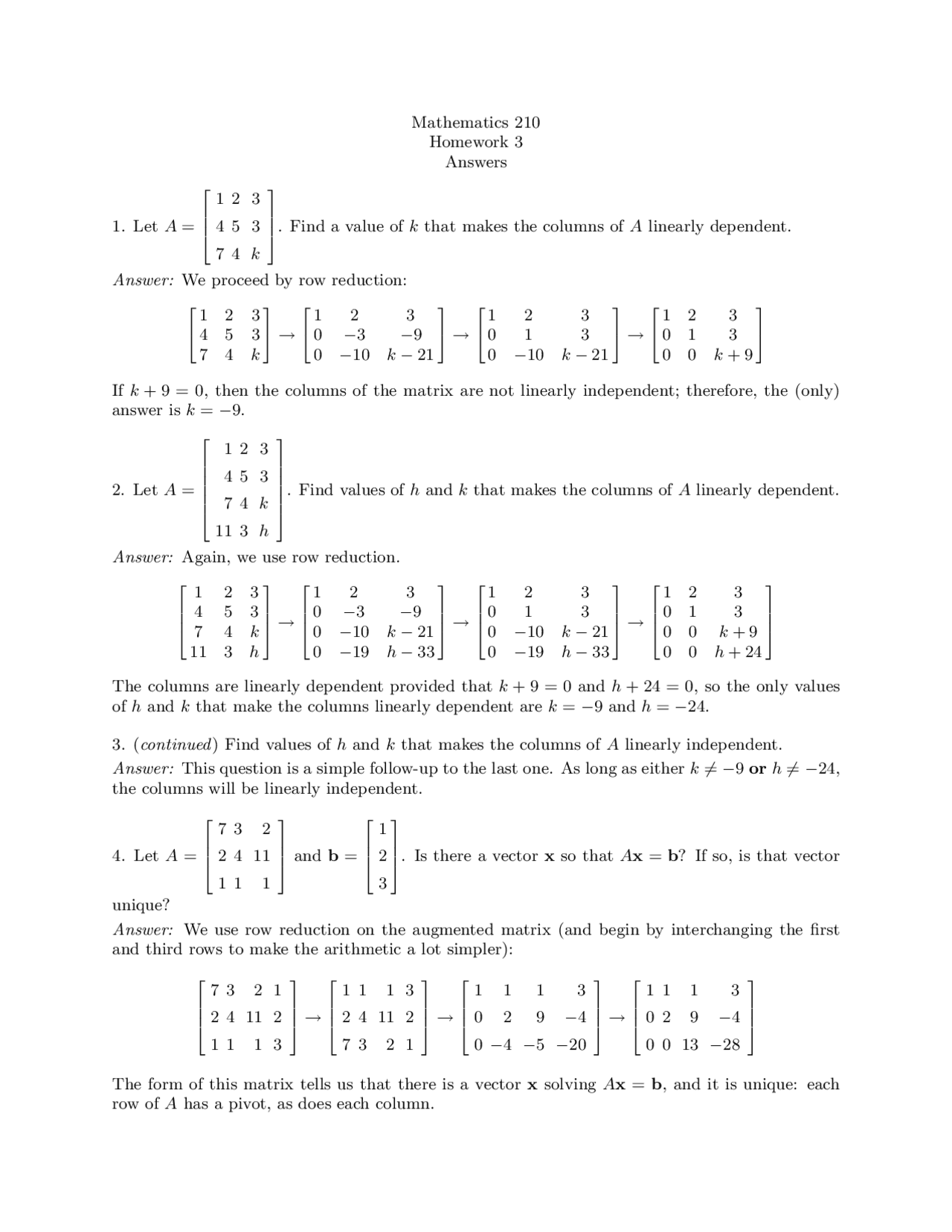 Homework Iii Solutions For Linear Algebra Mt 210 Docsity