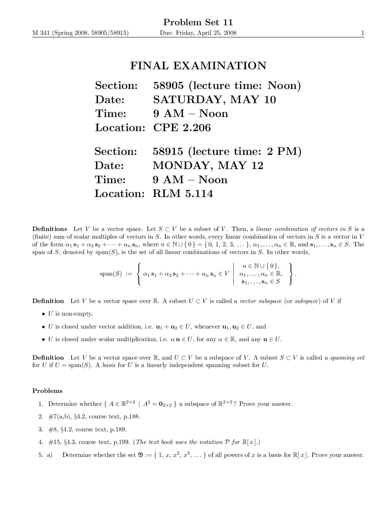 Assignment 11 Questions - Linear Algebra and Matrix Theory | M 341 - Docsity