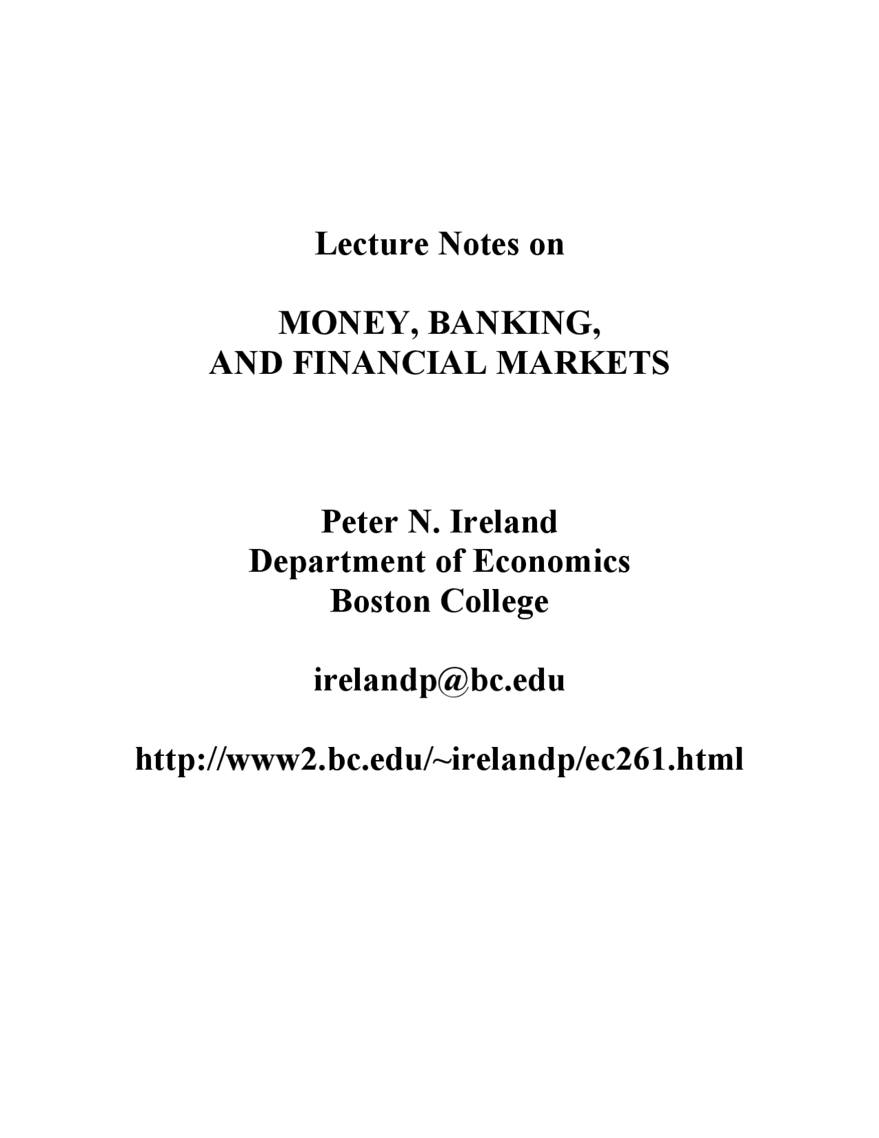 Lecture Notes On Money Banking And Financial Markets Nu 261 Docsity