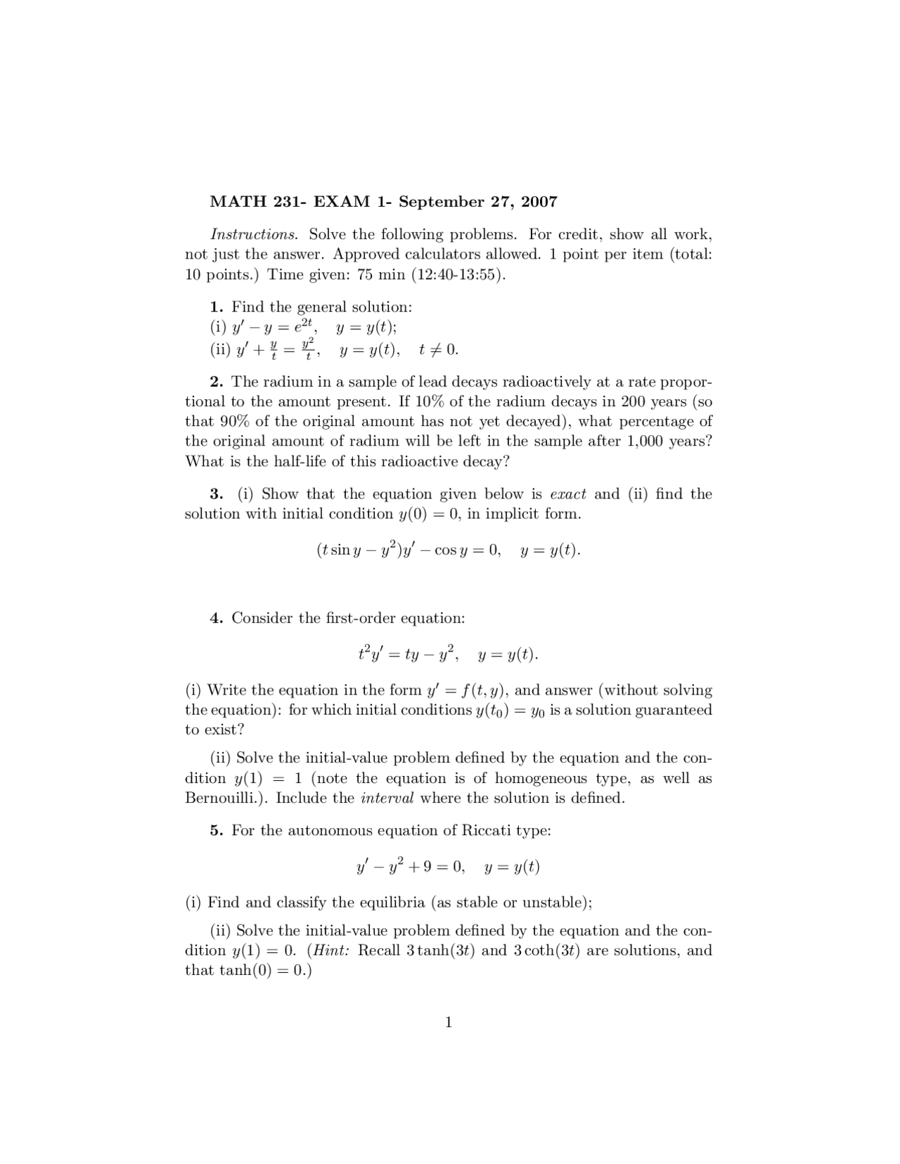 5 Questions On Differential Equations I Exam Math 231 Docsity