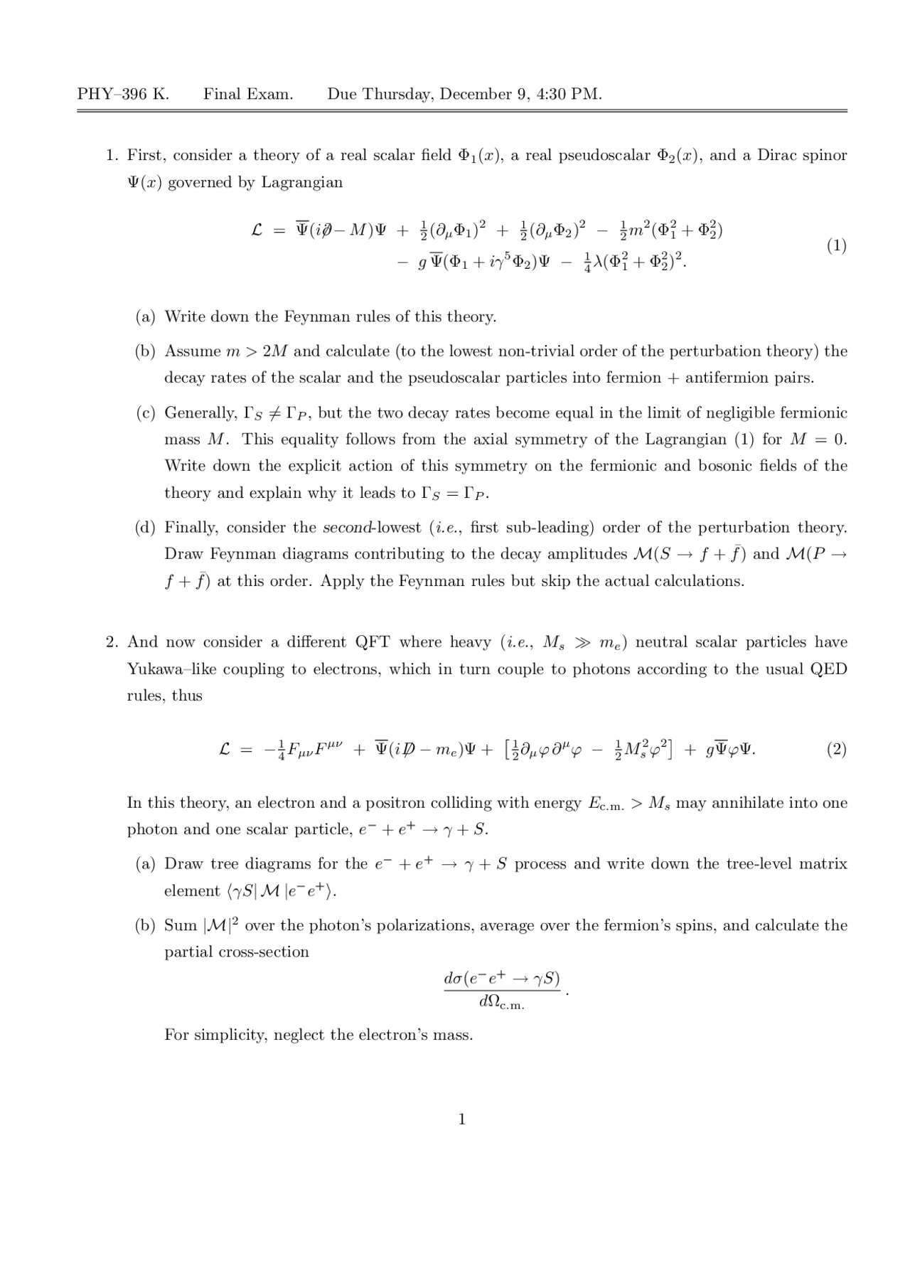 Final Exam for Quantum Field Theory I | PHY 396K - Docsity