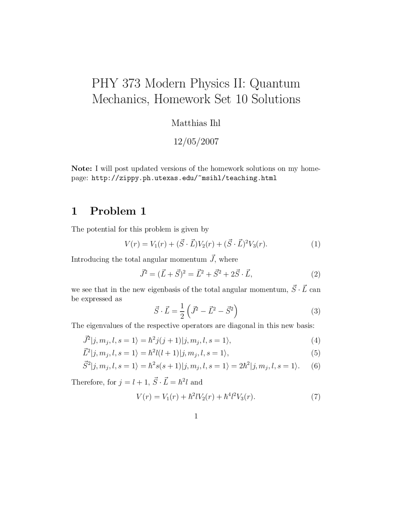 Quantum Mechanics - Solutions for Homework Set 10 | PHY 373 - Docsity