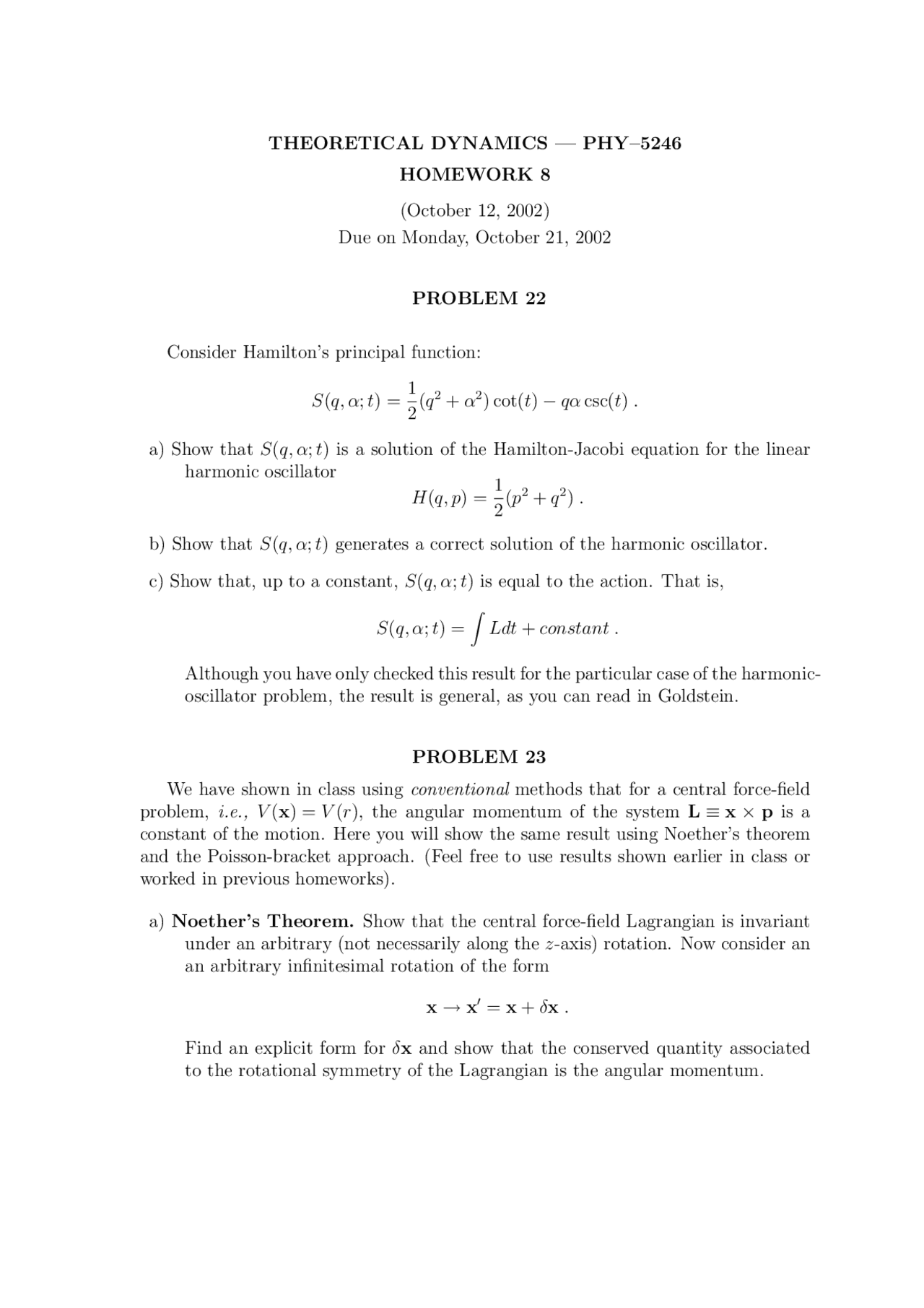 Homework 8 Problems On Theoretical Dynamics Phy 5246 Docsity