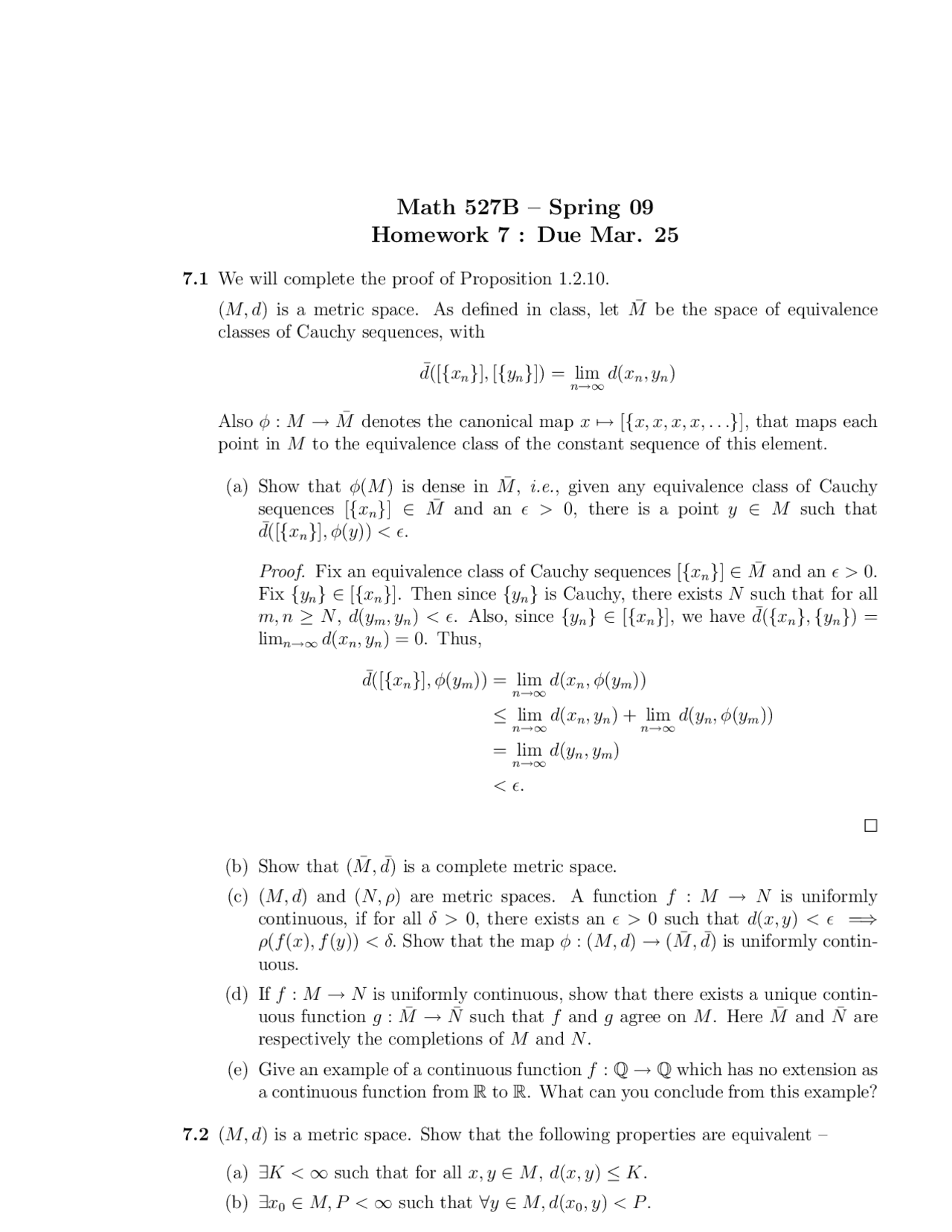 Principles Of Analysis Homework Seven Solutions Math 527a Assignments Mathematics Docsity