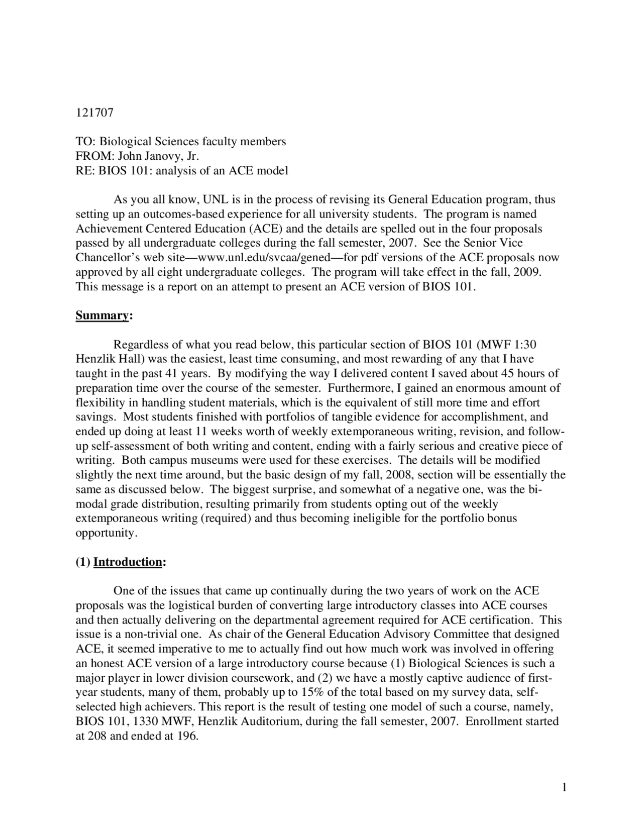 Analysis of an ACE Model - Fall 2007 | BIOS 101 - Docsity