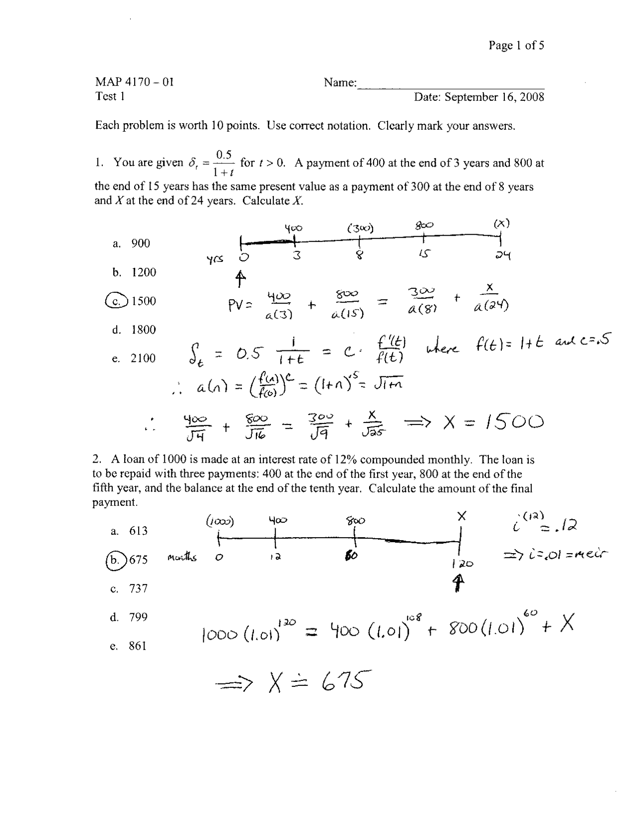 Solved Test for Introduction to Actuarial Math | MAP 4170 - Docsity