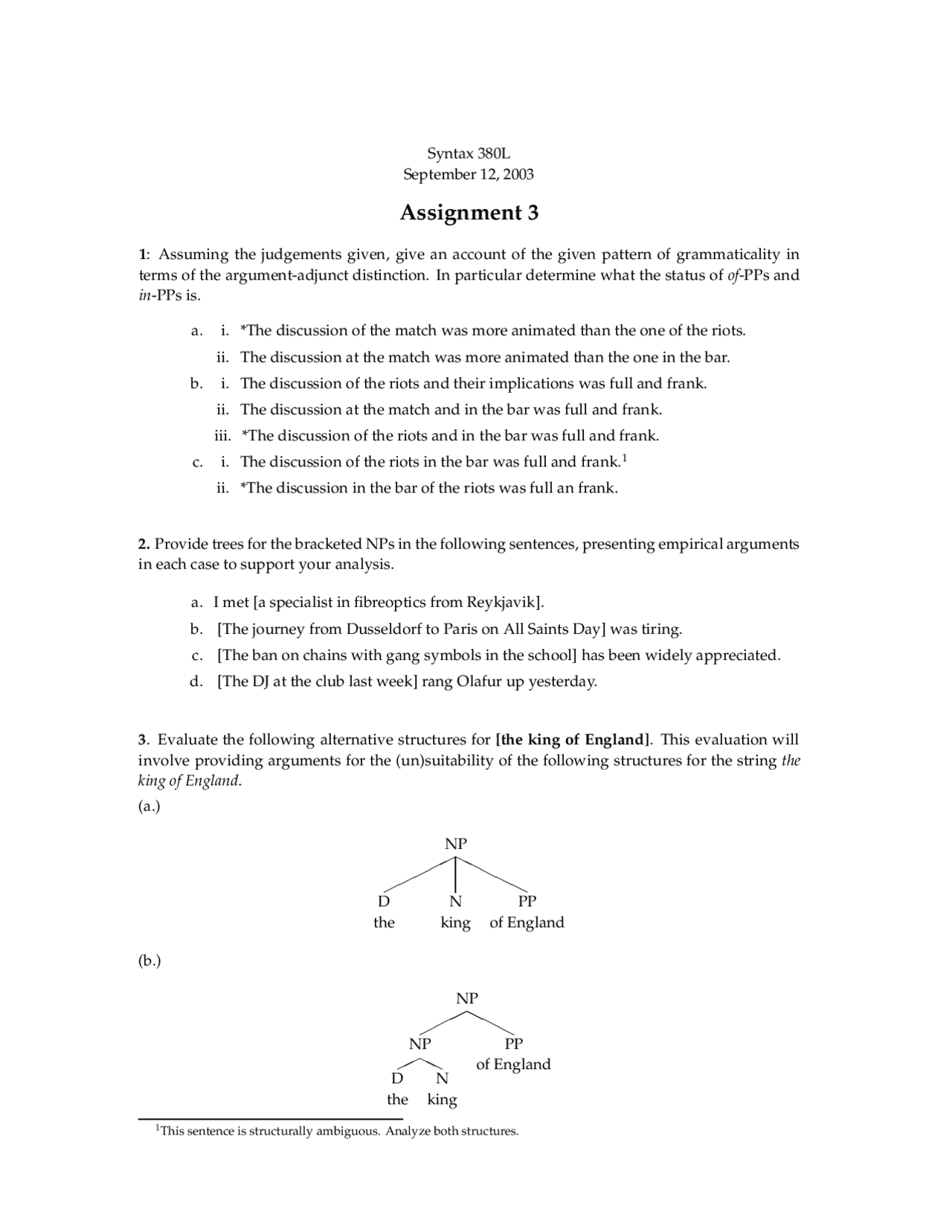 Introduction To Analysis Of Syntax Assignment 3 Lin 380l Docsity