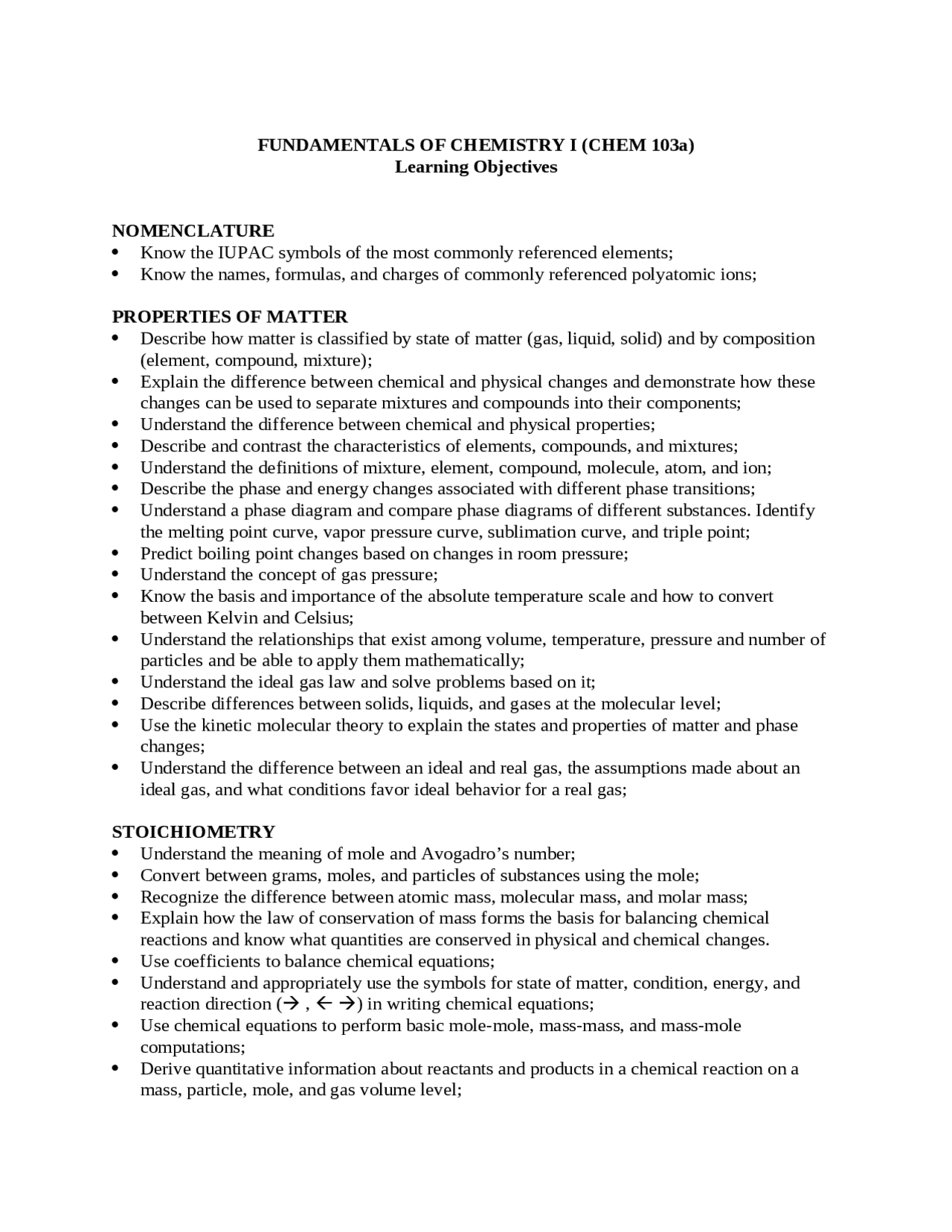 Fundamentals of Chemistry - Learning Objectives | CHEM 103A - Docsity