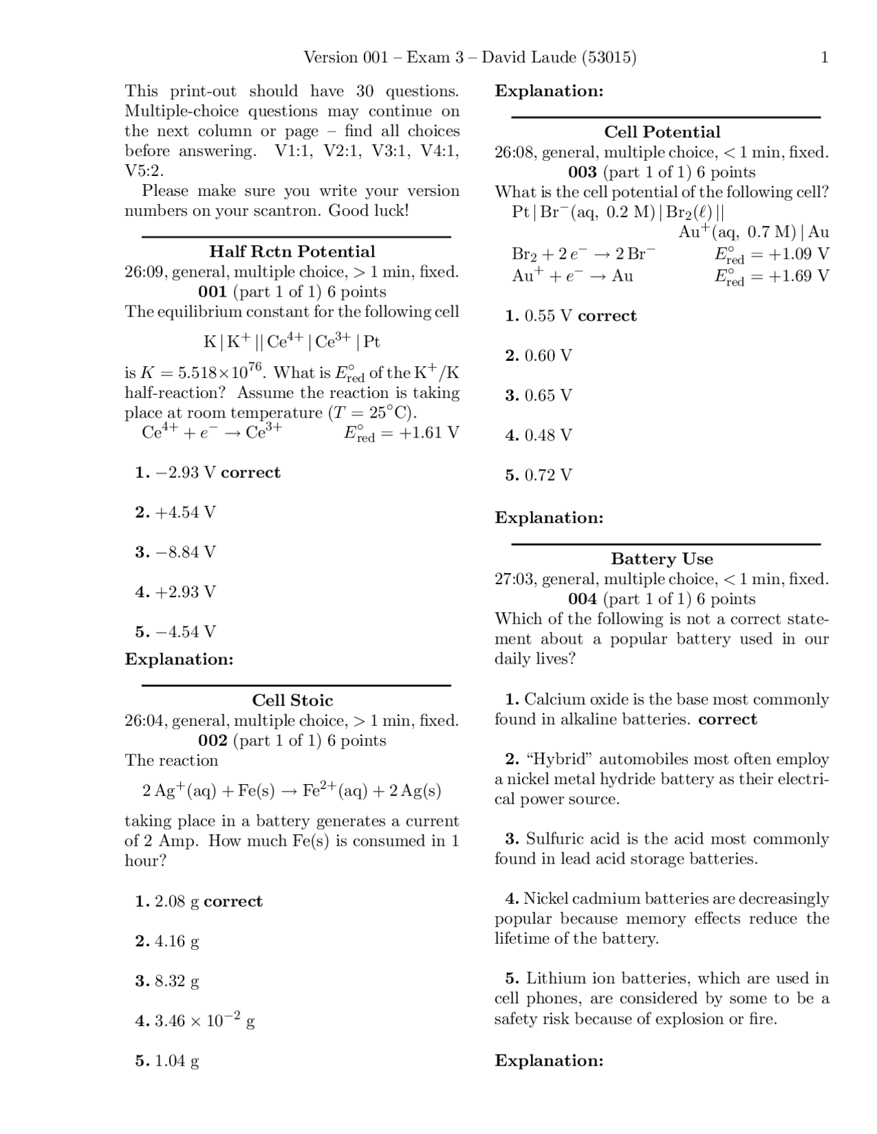 Principles Of Chemistry Ii Exam 3 Resolution Ch 302 Docsity