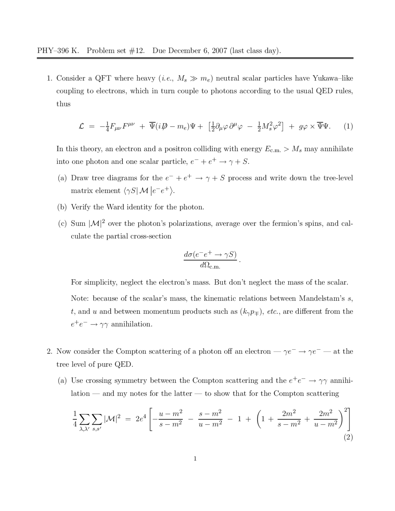 Quantum Field Theory I Problem Set 12 Phy 396k Docsity