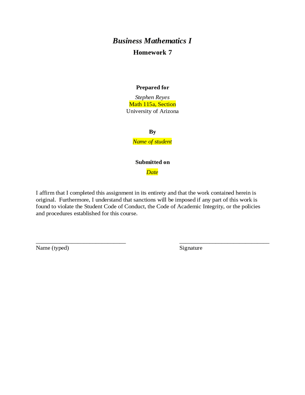 Homework 7 Solutions Business Mathematics I Math 115a Docsity