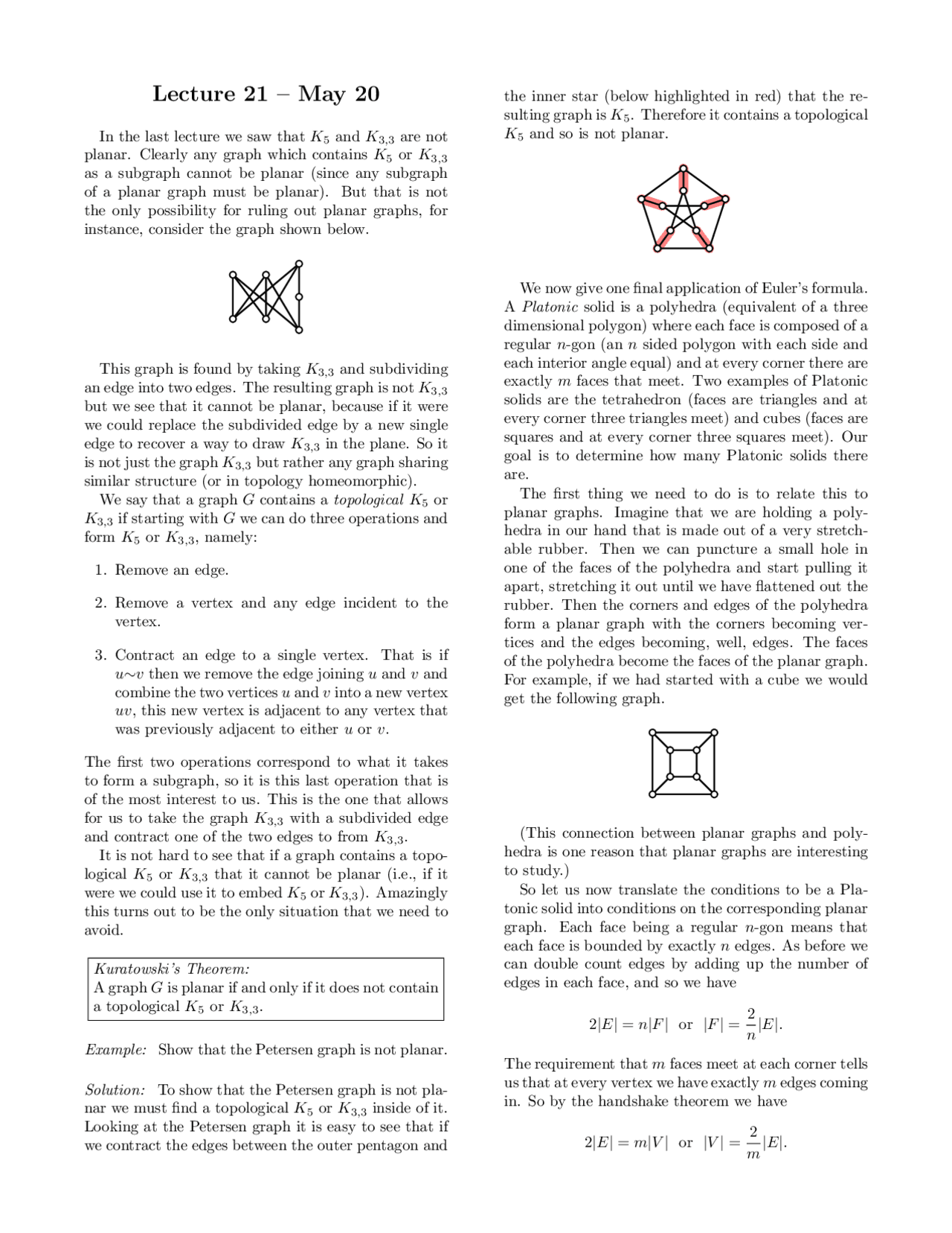 Planar Graphs and Polyhedra - Kuratowski's Theorem - Lecture Notes ...