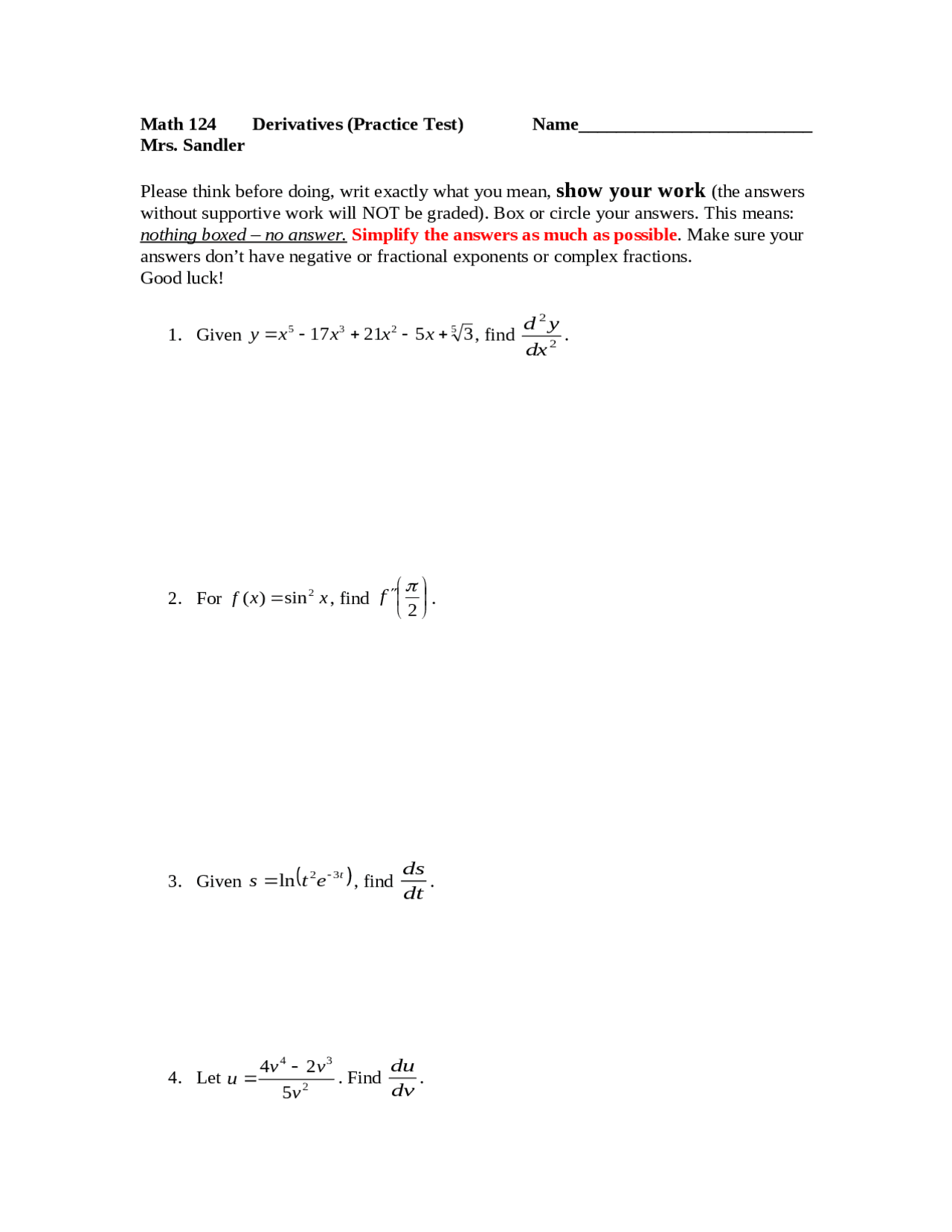 Practice Test Calculus I With Applications Math 124 Docsity