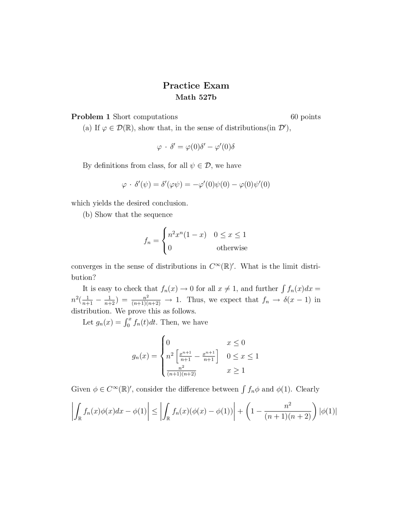 Practice Exam Problems For Principles Of Analysis Math 527a Docsity