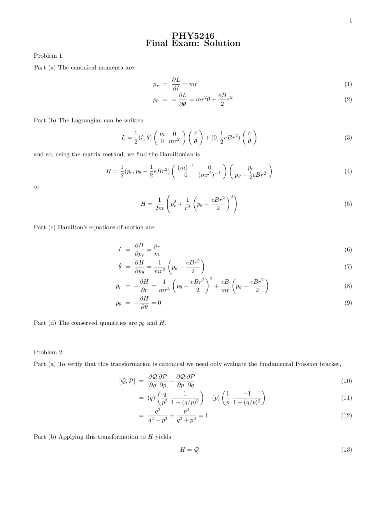 Final Exam Solutions Theoretical Dynamics Phy 5246 Docsity