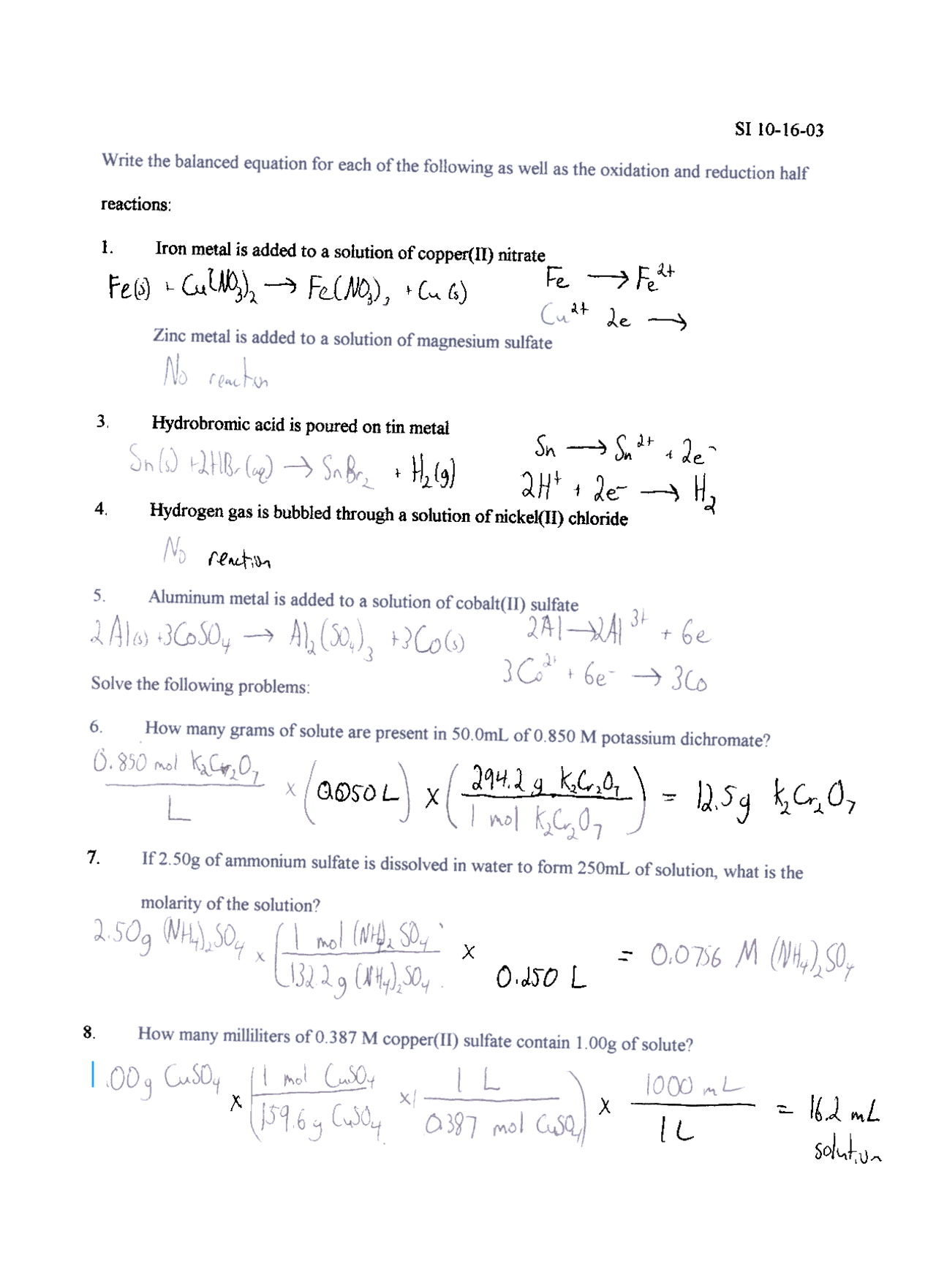Balanced Oxidation And Reduction Half Reactions Che 1101 Docsity