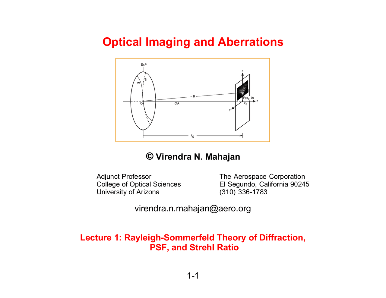 Rayleigh-Sommerfeld Theory of Diffraction, PSF and Steel Ratio | OPTI 596C - Docsity
