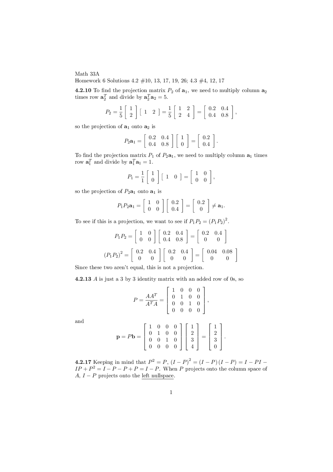 Homework 6 Solutions - Linear Algebra and Applications | MATH 33A - Docsity