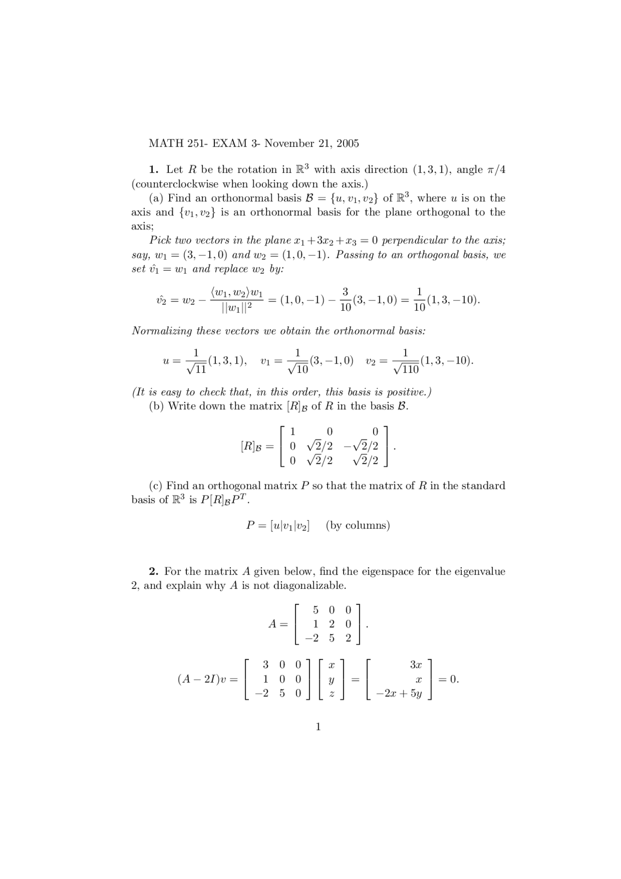 Exam 3 Question Paper - Matrix Algebra I | MATH 251 - Docsity