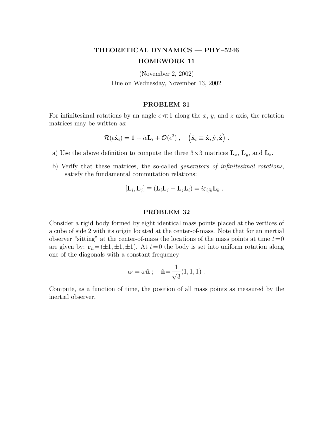 Homework 11 Practice Problems On Theoretical Dynamics Phy 5246 Docsity