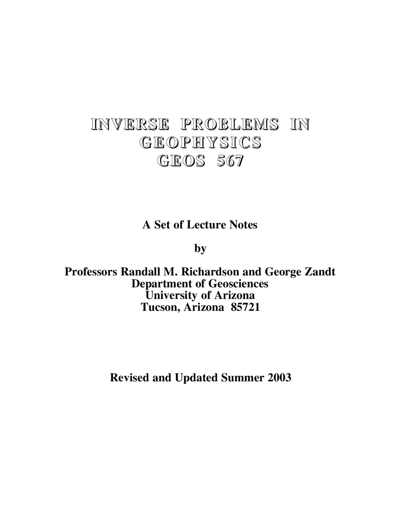 Study Materials for Inverse Problems in Geophysics | GEOS 567 - Docsity
