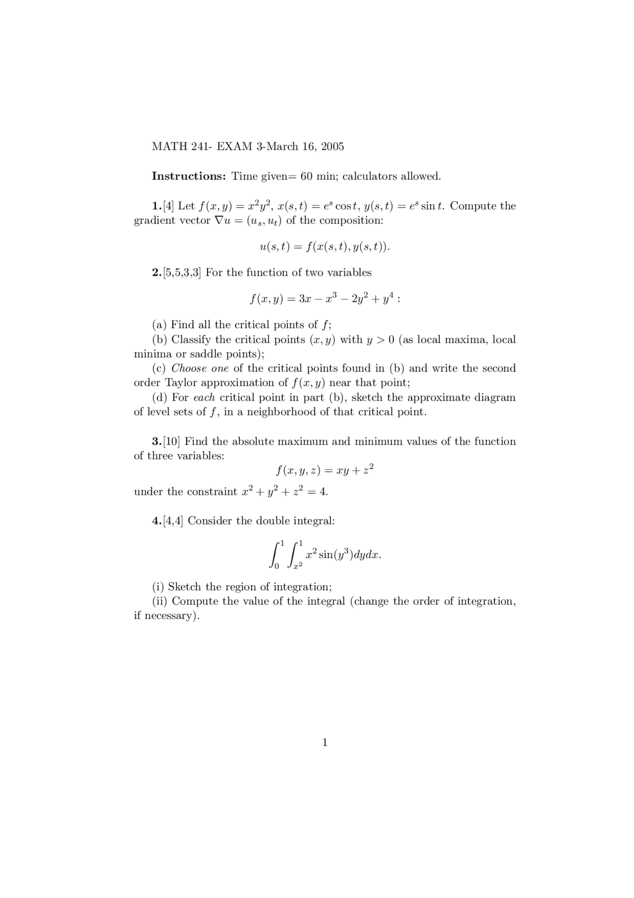 4 Questions In Calculus Iii Exam 3 Math 241 Docsity