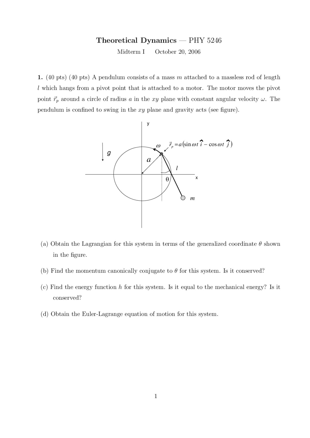 Midterm Exam 1 Questions For Theoretical Dynamics Phy 5246 Docsity