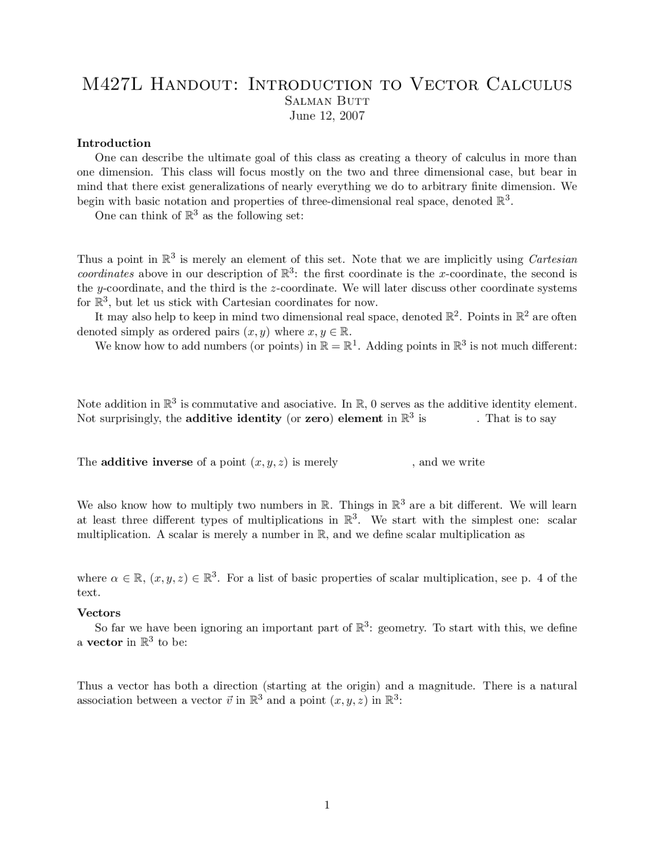 An Introduction to Vector Calculus for the Applications ll | M 427L ...