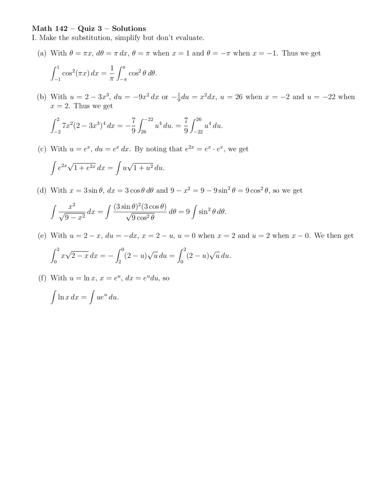 Quiz #3 with Solutions - Calculus II | MATH 142 - Docsity