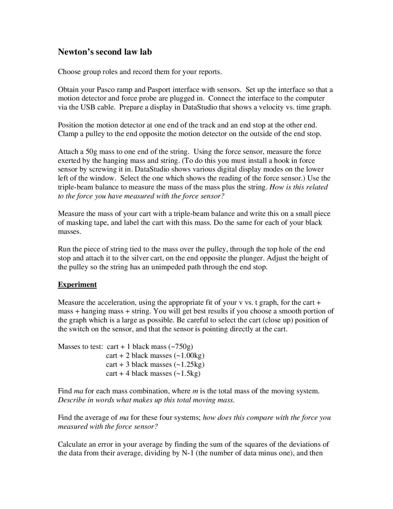 Newton's Second Law - Lab Experiment - General Physics A Studio | PHY 2048C - Docsity