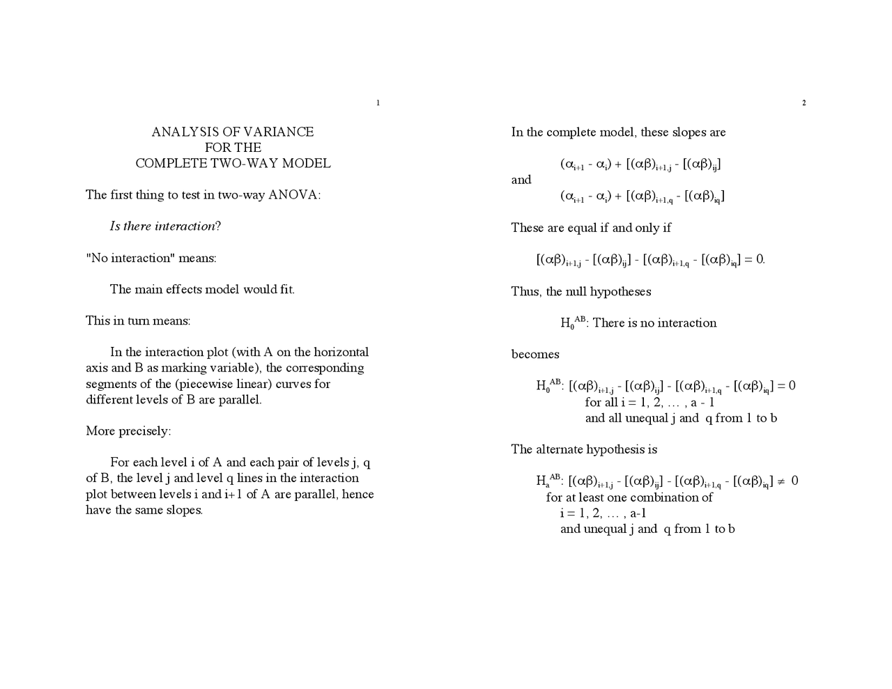 Analysis Variance For The Complete Two Way Model Exam F A 1 Docsity