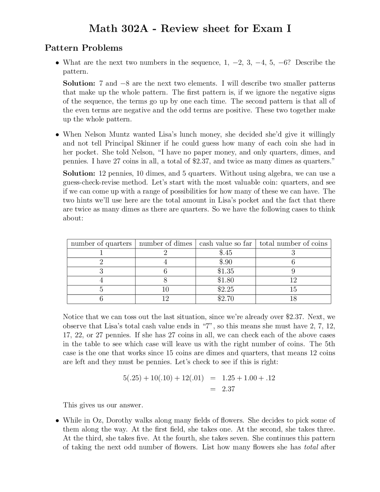 Review Sheet For Exam Understanding Elementary Mathematics Math