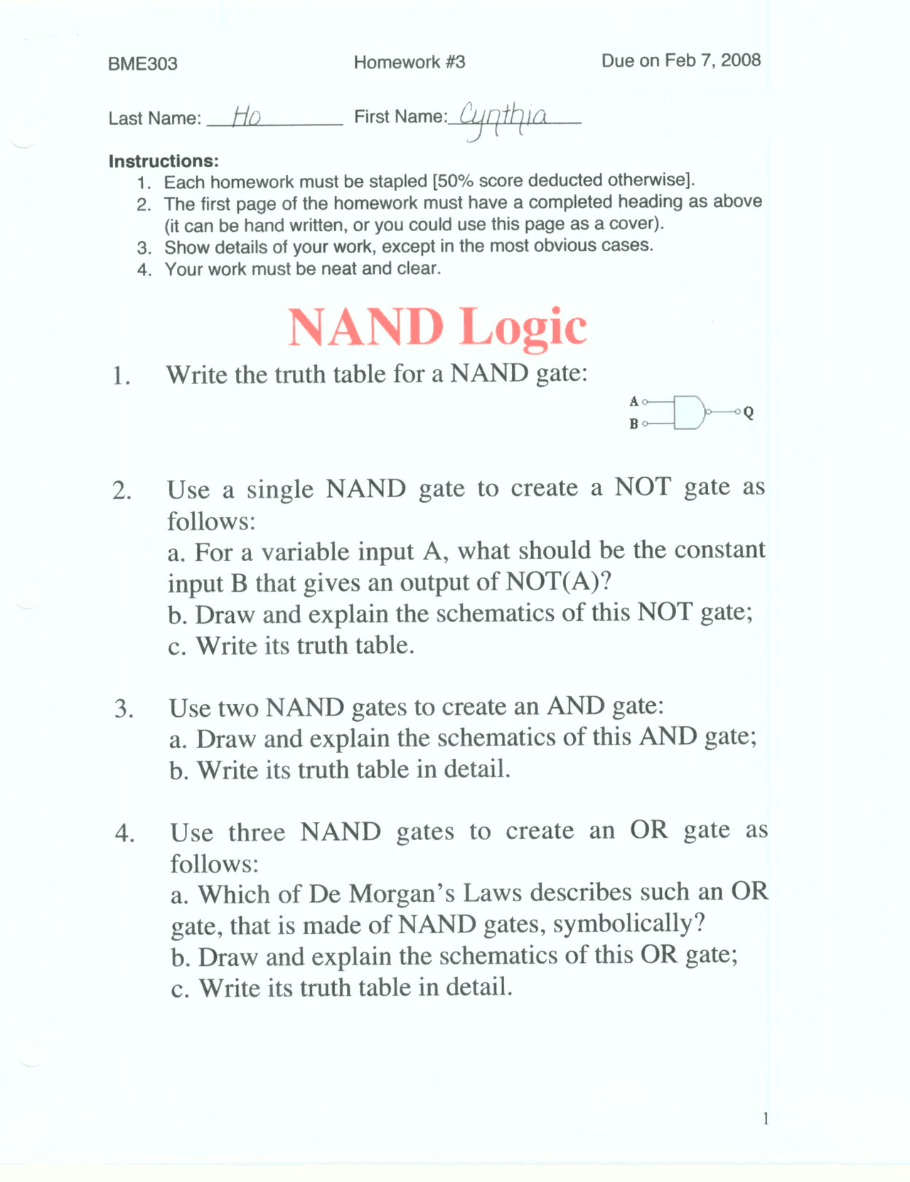 NAND Logic - Assignment 3 Solutions | BME 303 - Docsity