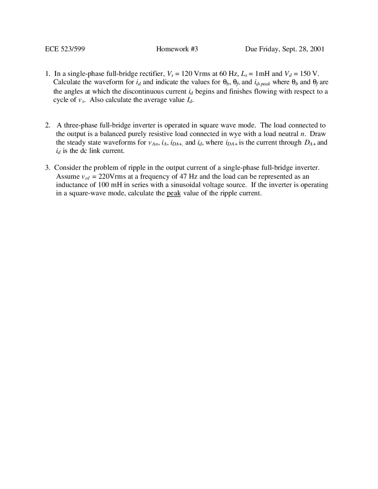 Power Electronics And Drives Homework 3 Problems Ece 523 Docsity