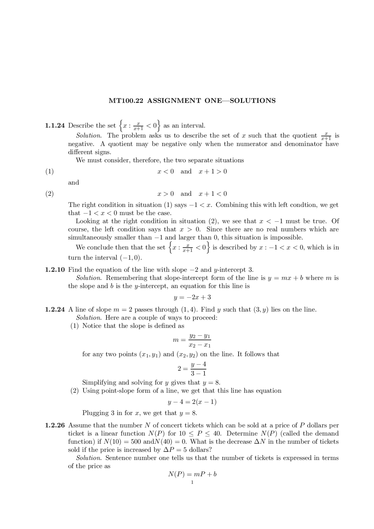 Assignment One Solutions Calculus I Mt 100 Docsity