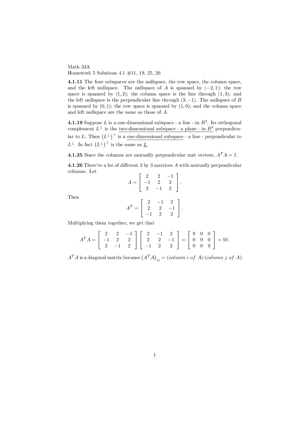 Solutions to Math 33A Homework 5, Problem 4.1: Subspaces and Orthogonal Complements ...