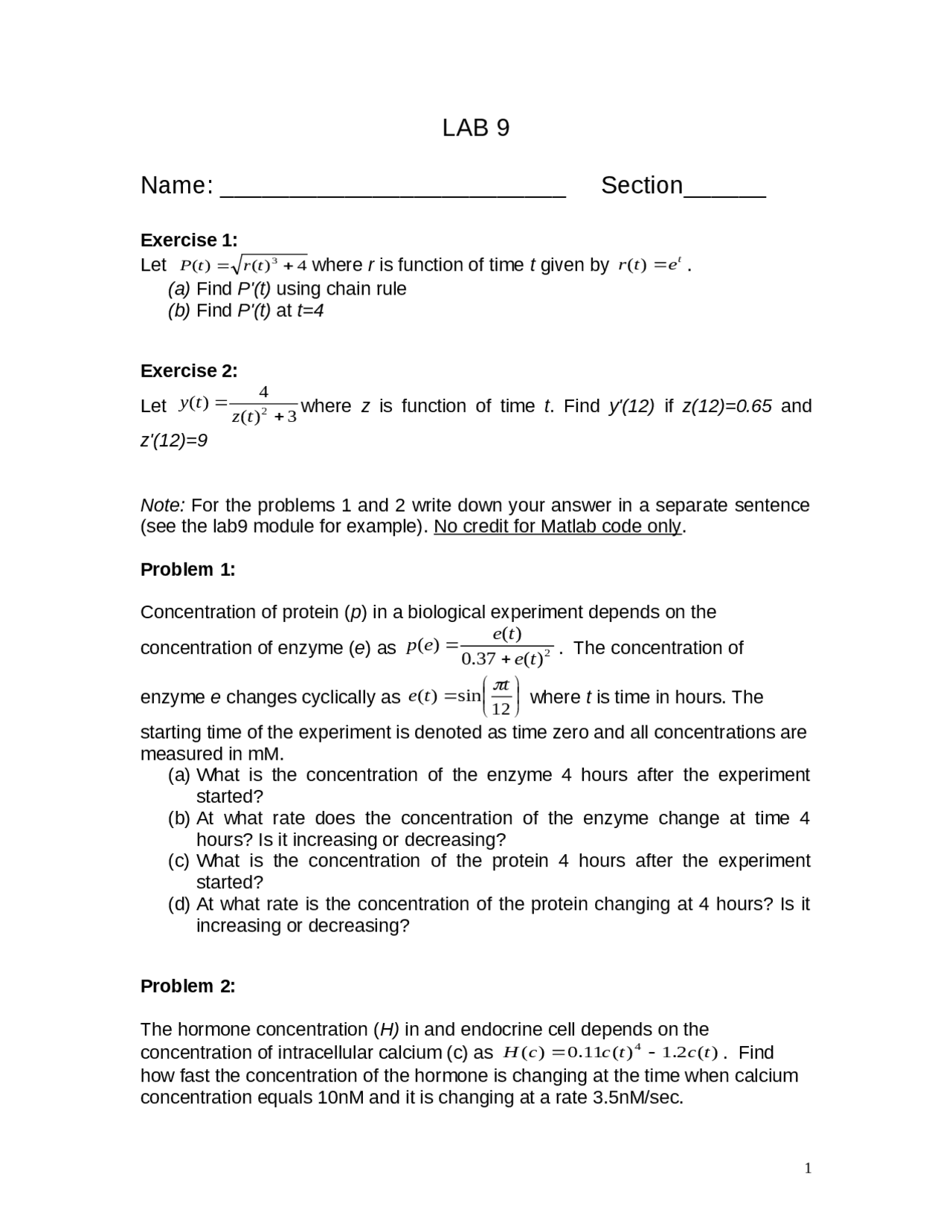 Laboratory 9 Review Exercises Computational Linear Algebra Mat 3930