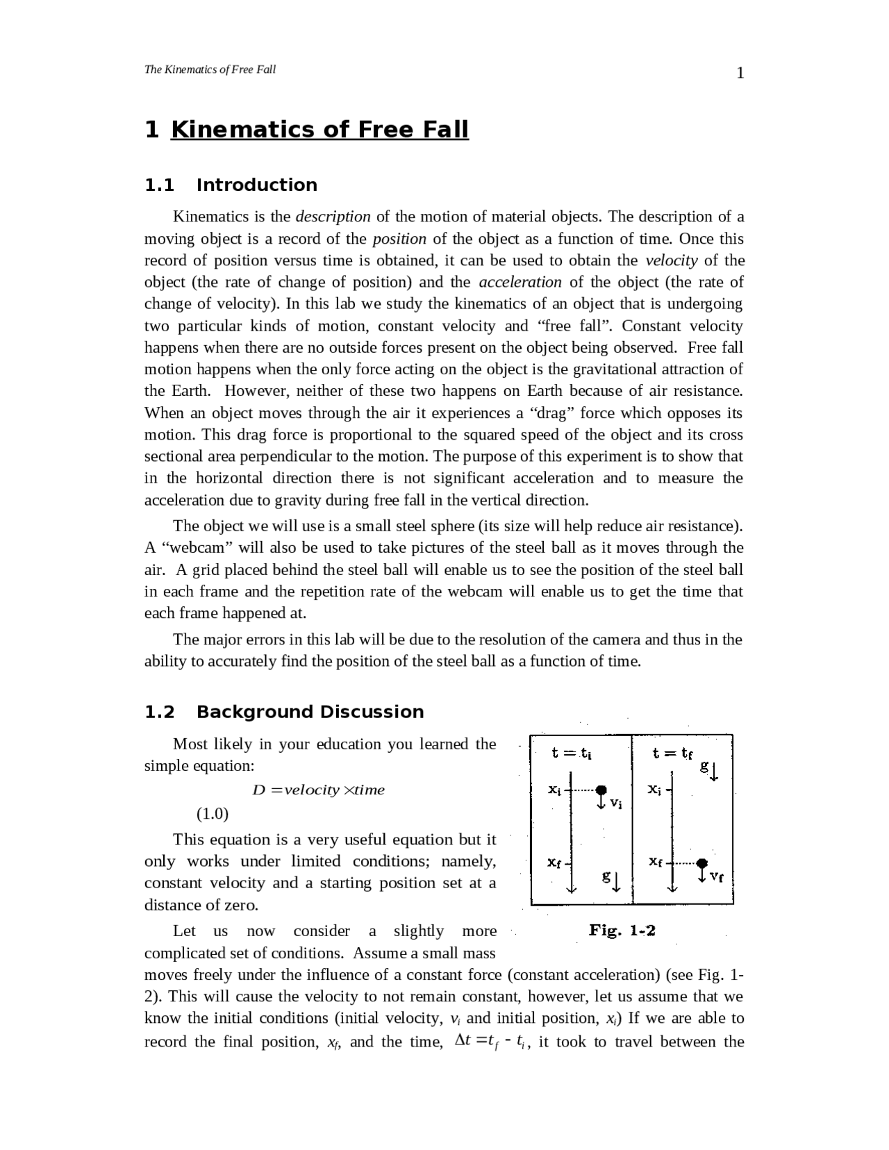 Kinematics Of Free Fall Laboratory For Physics Phy 102m Docsity