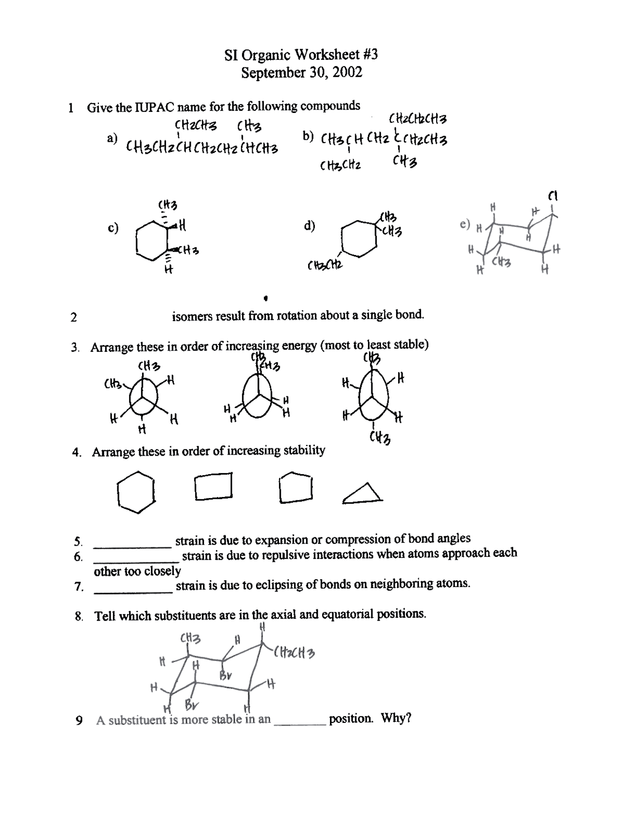 Organic Chemistry Worksheet #3: IUPAC Naming, Conformational Analysis ...
