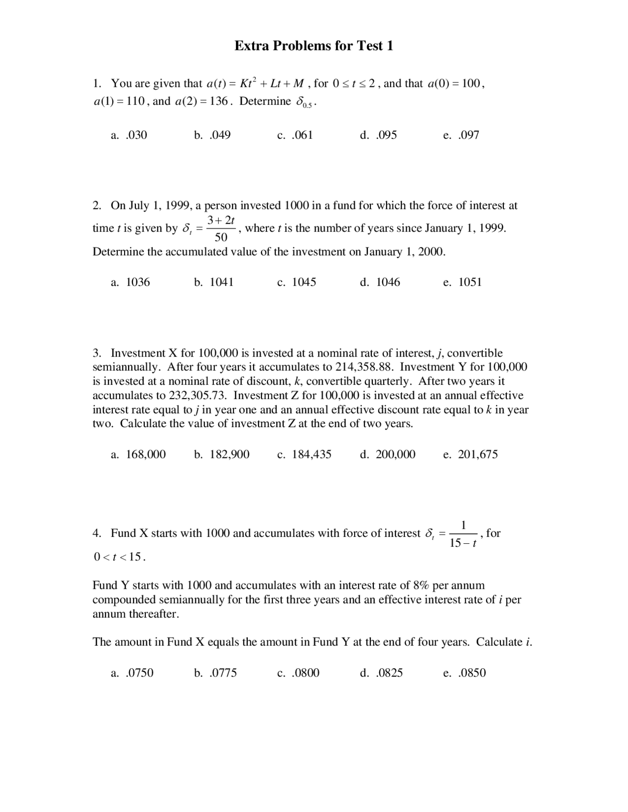 Extra Problems For Test 1 Introduction To Actuarial Mathematics Map