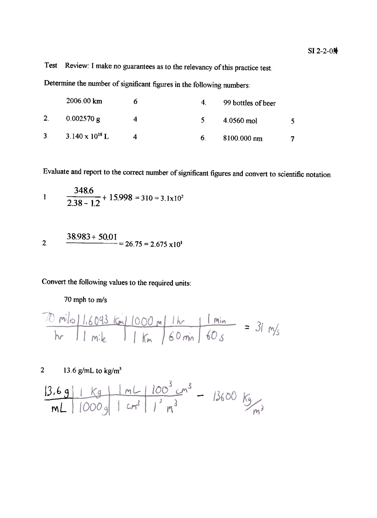 Final Exam Review - Introduction to Chemistry I | CHE 1101 - Docsity