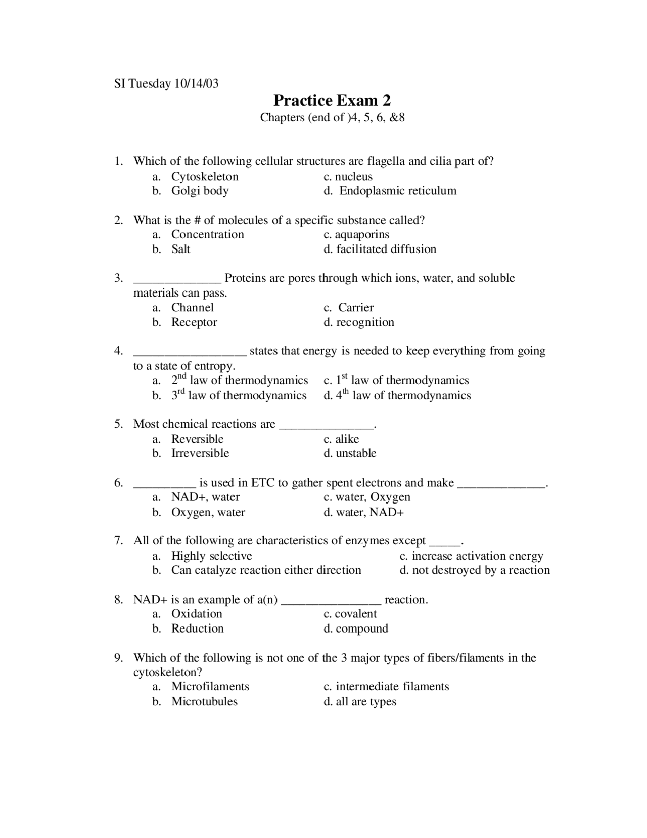 Practice Exam 2 For Laboratory Bio 1101 Docsity