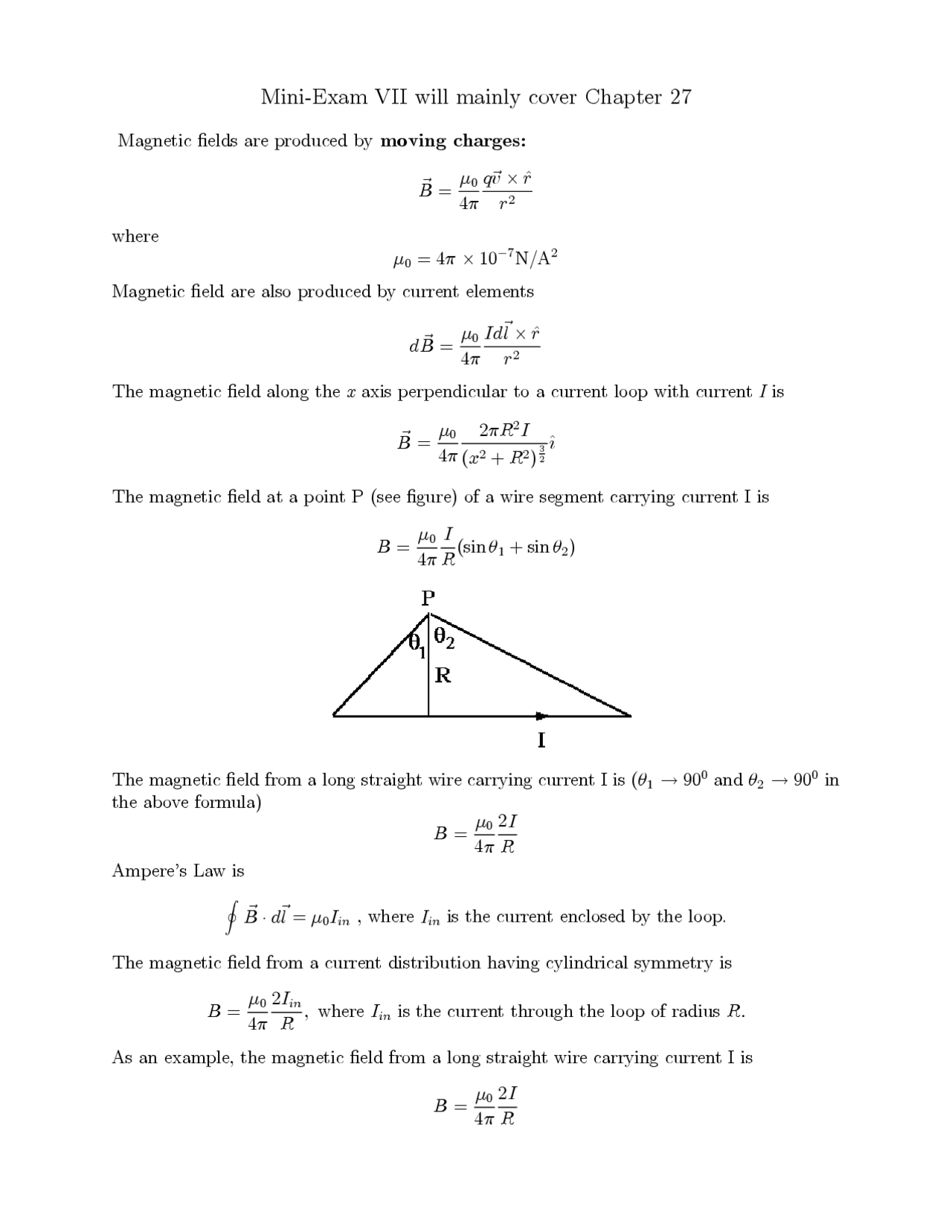 Magnetic Field Exam 7 General Physics Phy 2049c Docsity