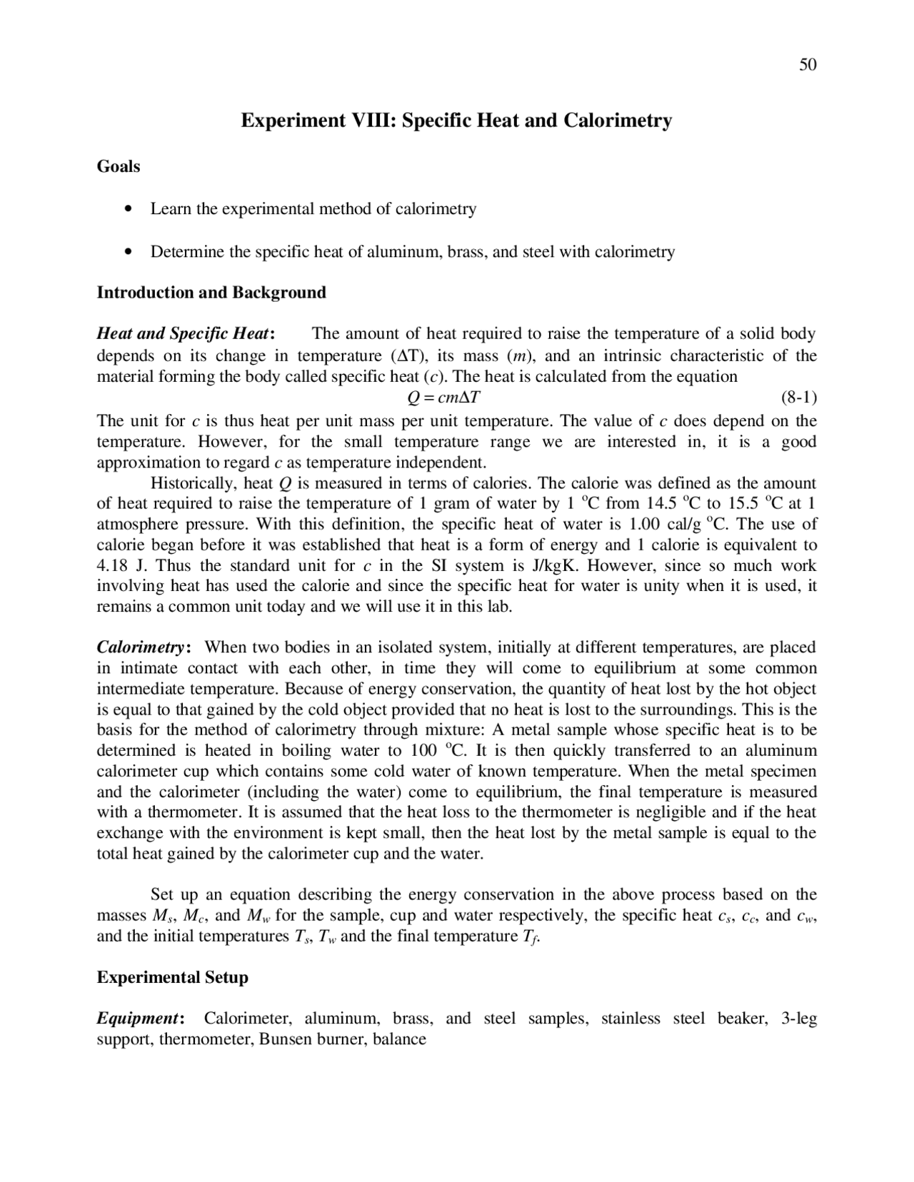 Specific Heat And Calorimetry Lecture Notes Phy 2053c Lab Reports